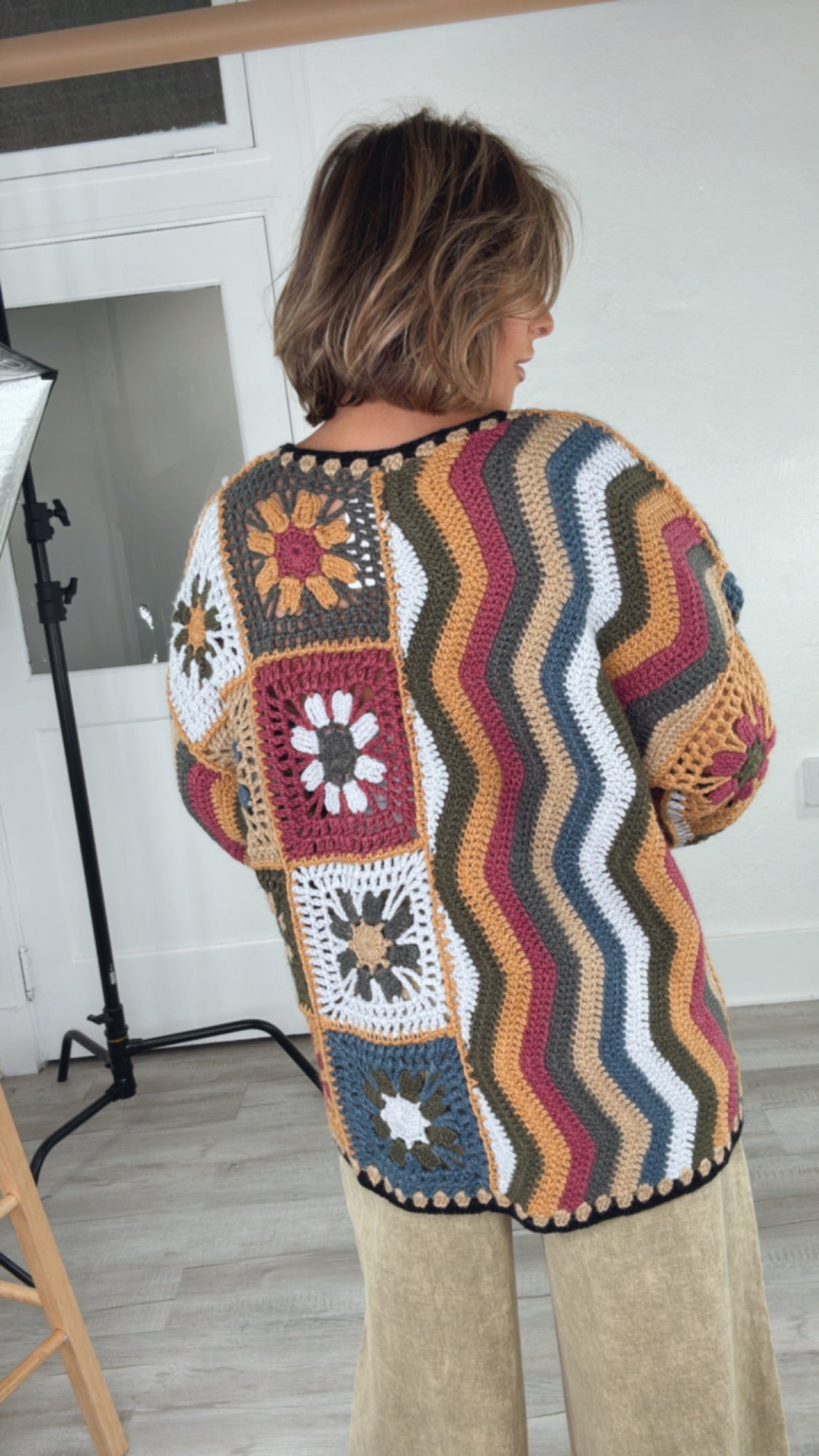 POL: Hand Knit Square Patches Cardigan, Mustard & Olive – Everyday Chic ...