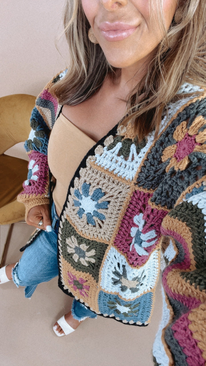 POL: Hand Knit Square Patches Cardigan, Mustard & Olive – Everyday Chic ...