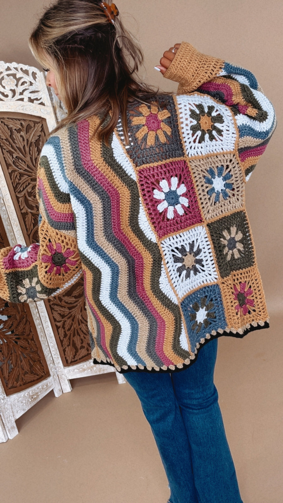 POL: Hand Knit Square Patches Cardigan, Mustard & Olive – Everyday Chic ...