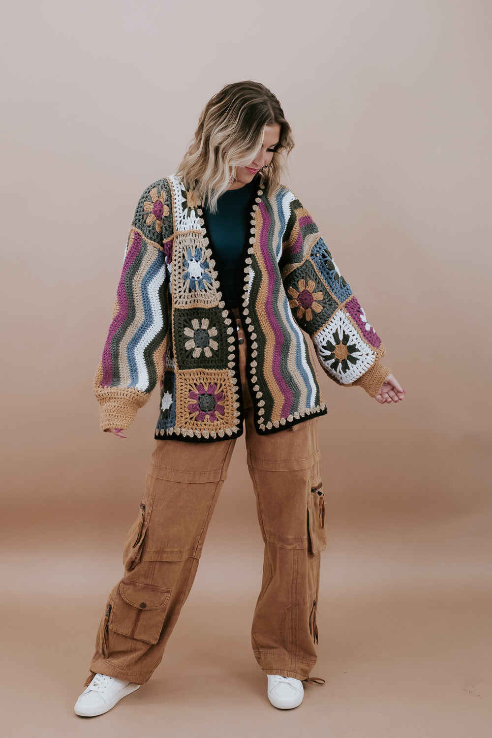 POL: Hand Knit Square Patches Cardigan, Mustard & Olive – Everyday Chic ...