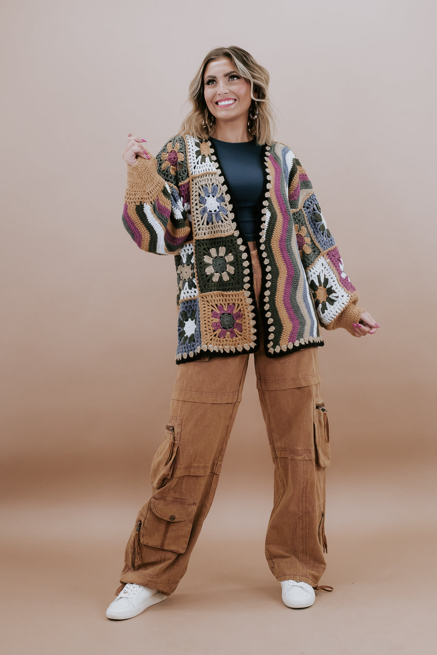 POL: Hand Knit Square Patches Cardigan, Mustard & Olive – Everyday Chic ...