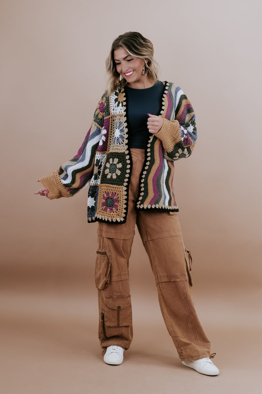 POL: Hand Knit Square Patches Cardigan, Mustard & Olive – Everyday Chic ...