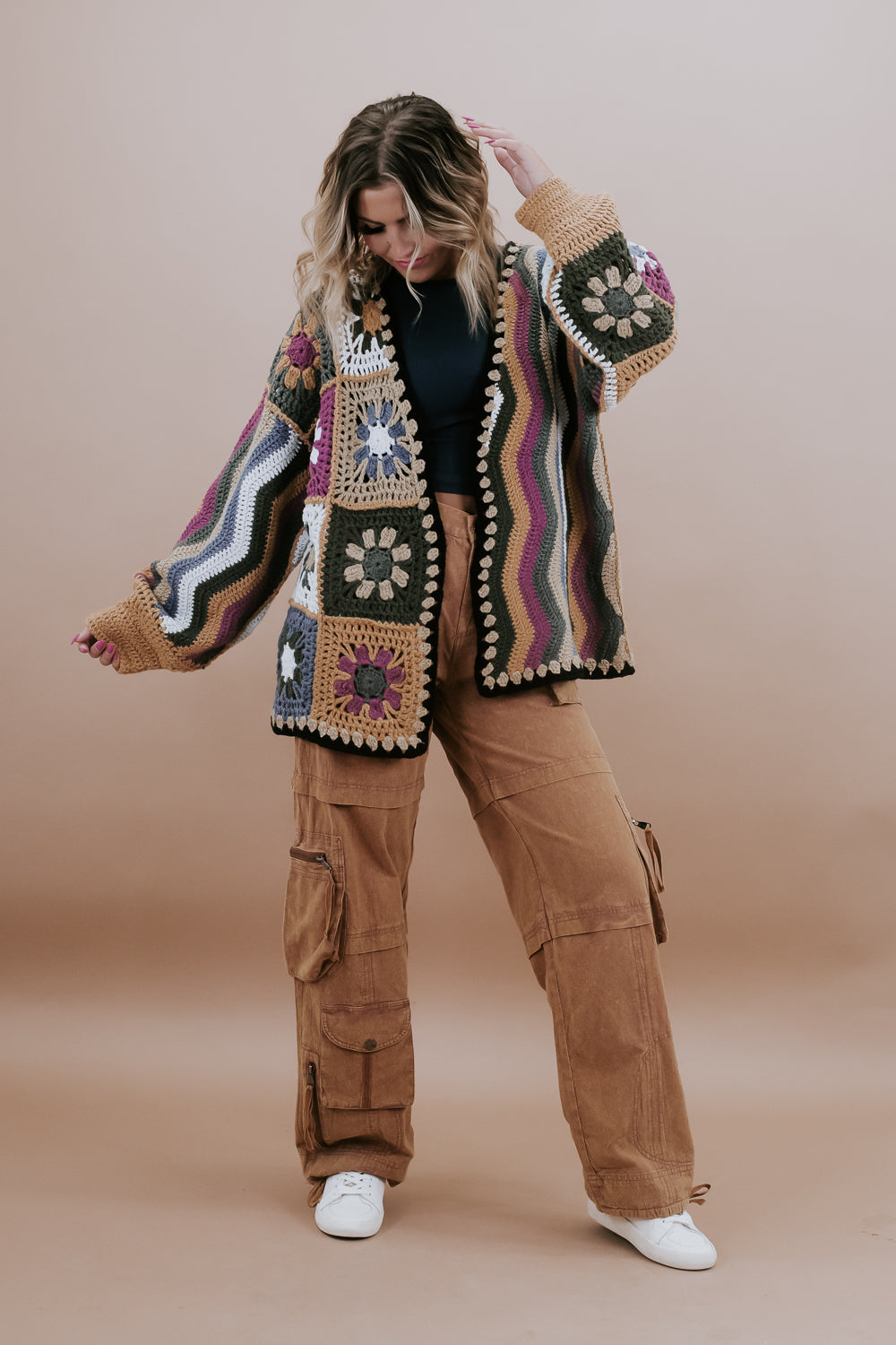 POL: Hand Knit Square Patches Cardigan, Mustard & Olive – Everyday Chic ...