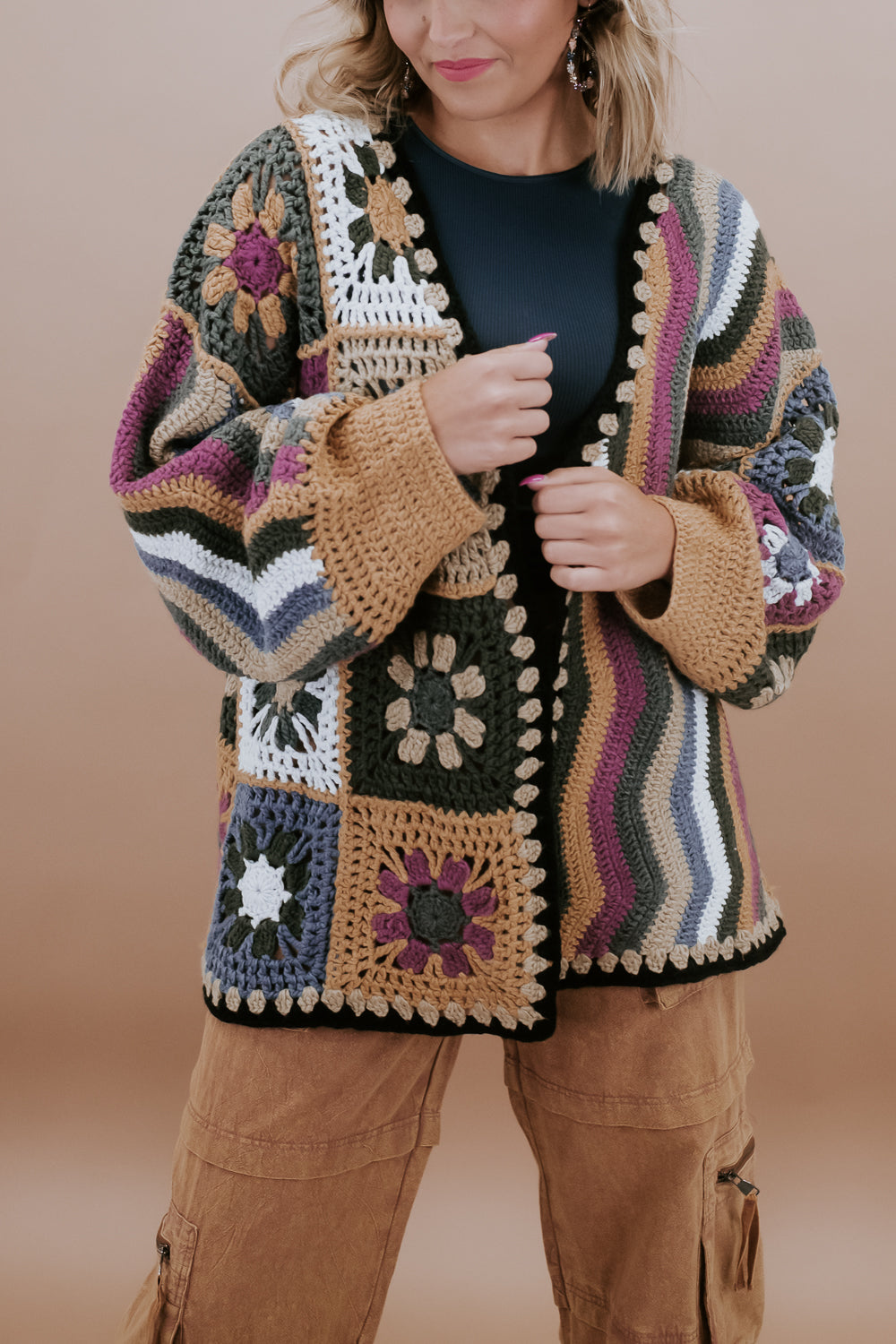 POL: Hand Knit Square Patches Cardigan, Mustard & Olive – Everyday Chic ...