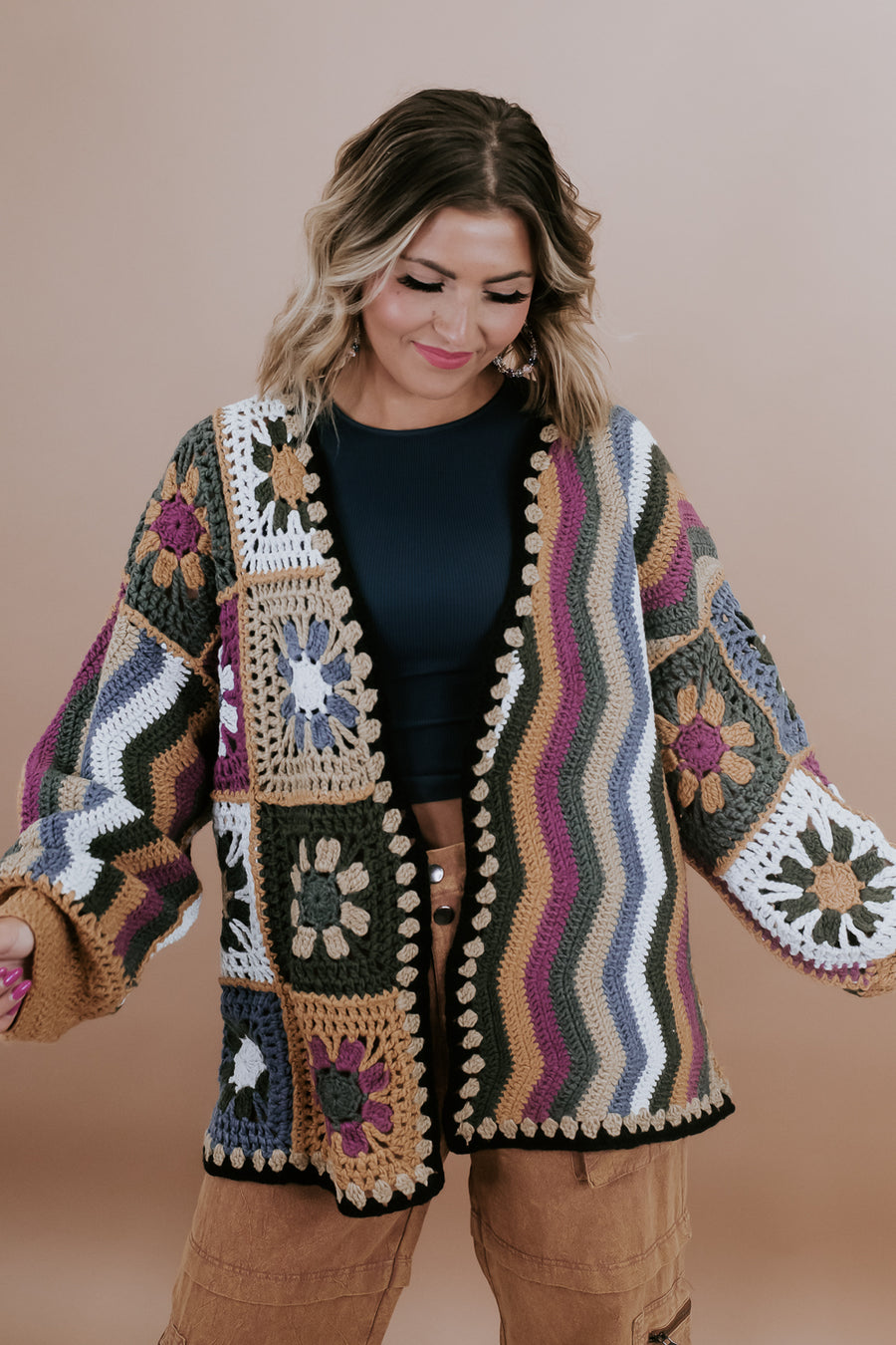 POL: Hand Knit Square Patches Cardigan, Mustard & Olive – Everyday Chic ...