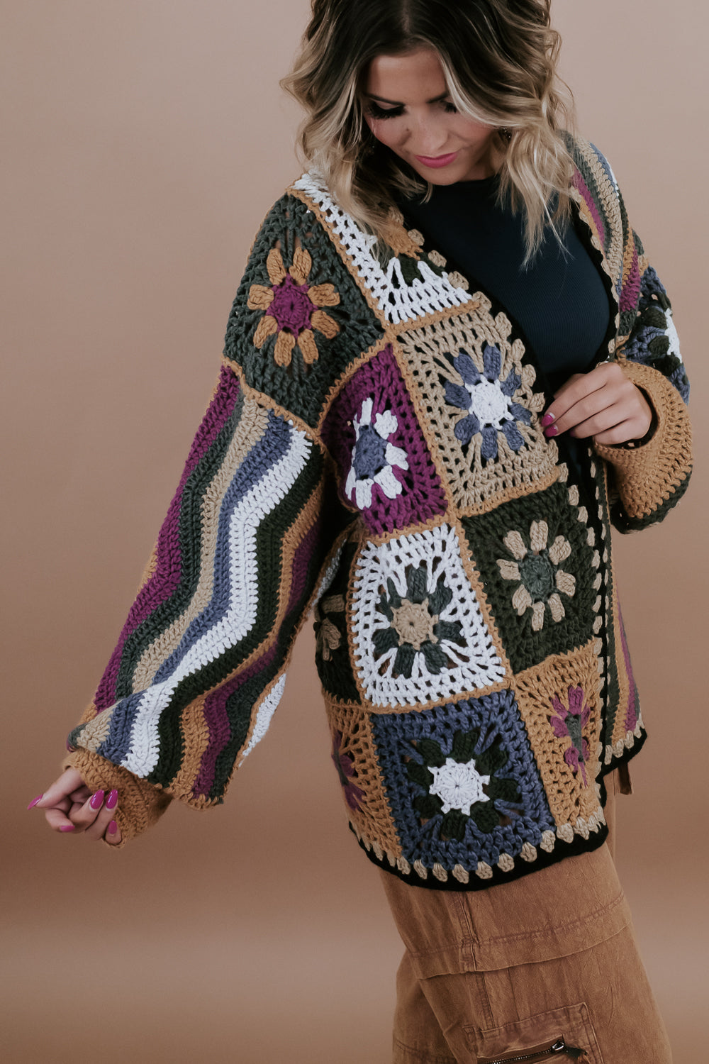 POL: Hand Knit Square Patches Cardigan, Mustard & Olive – Everyday Chic ...