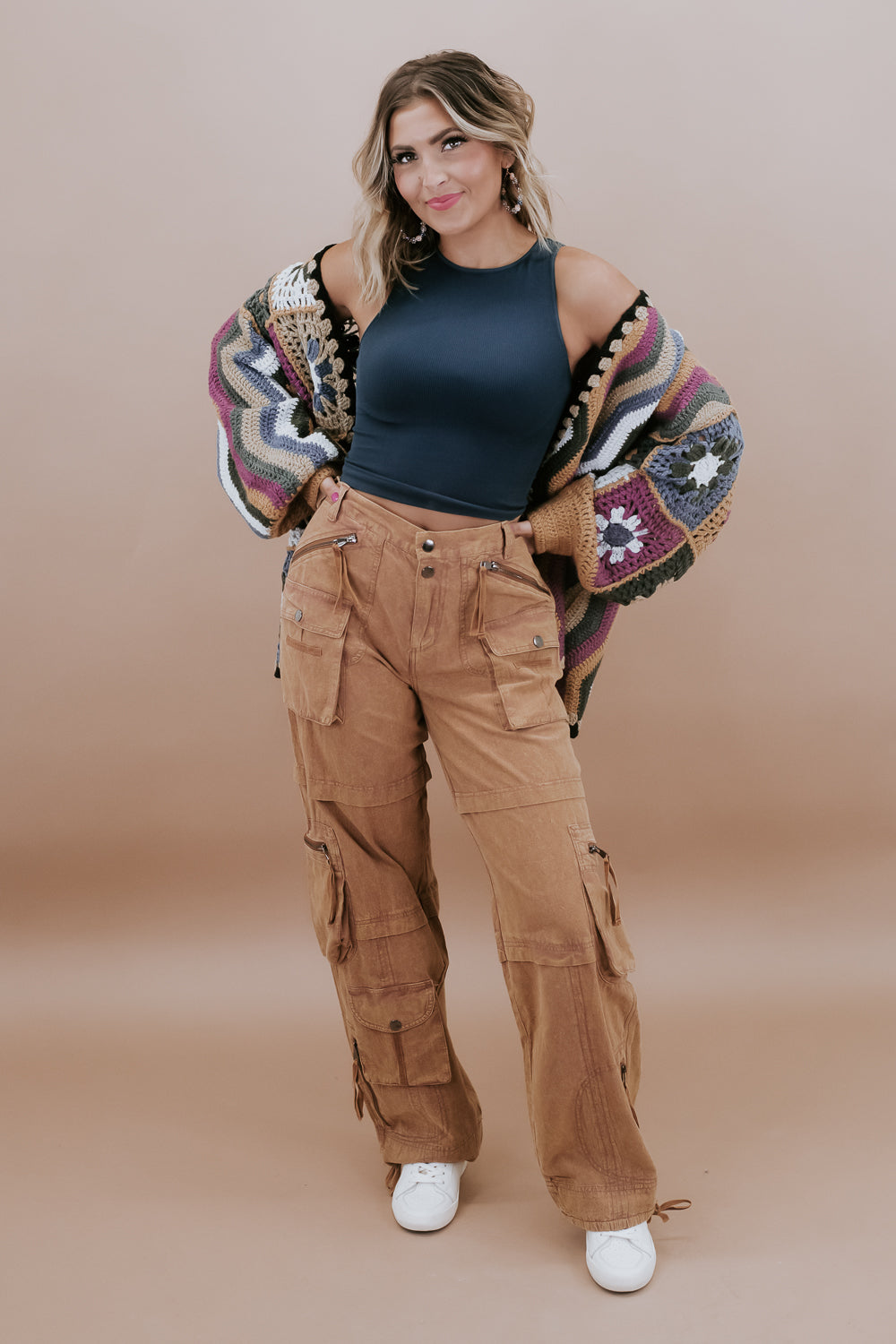 POL: Hand Knit Square Patches Cardigan, Mustard & Olive – Everyday Chic ...