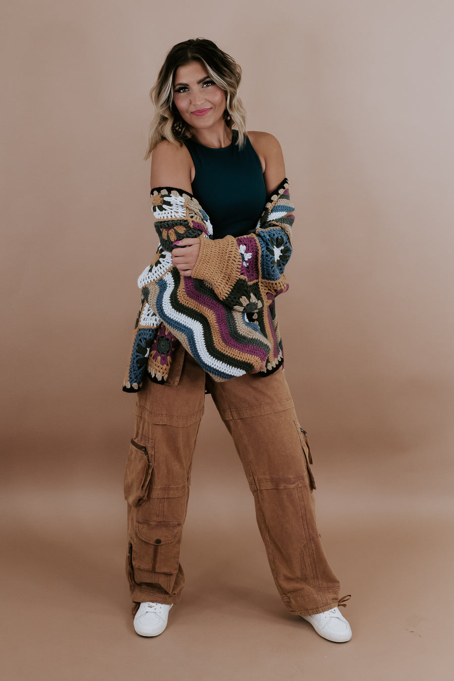 POL: Hand Knit Square Patches Cardigan, Mustard & Olive – Everyday Chic ...