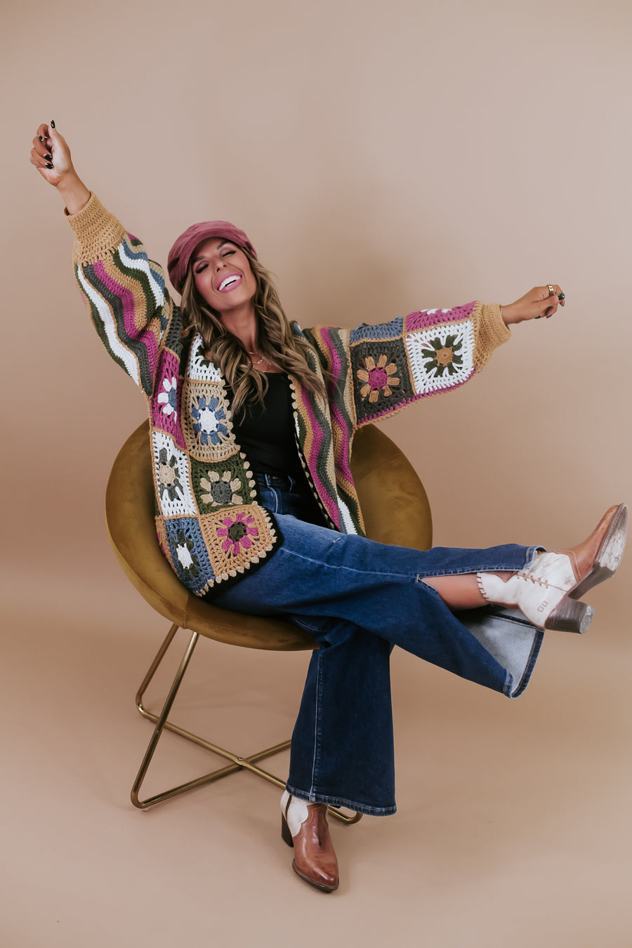 POL: Hand Knit Square Patches Cardigan, Mustard & Olive – Everyday Chic ...