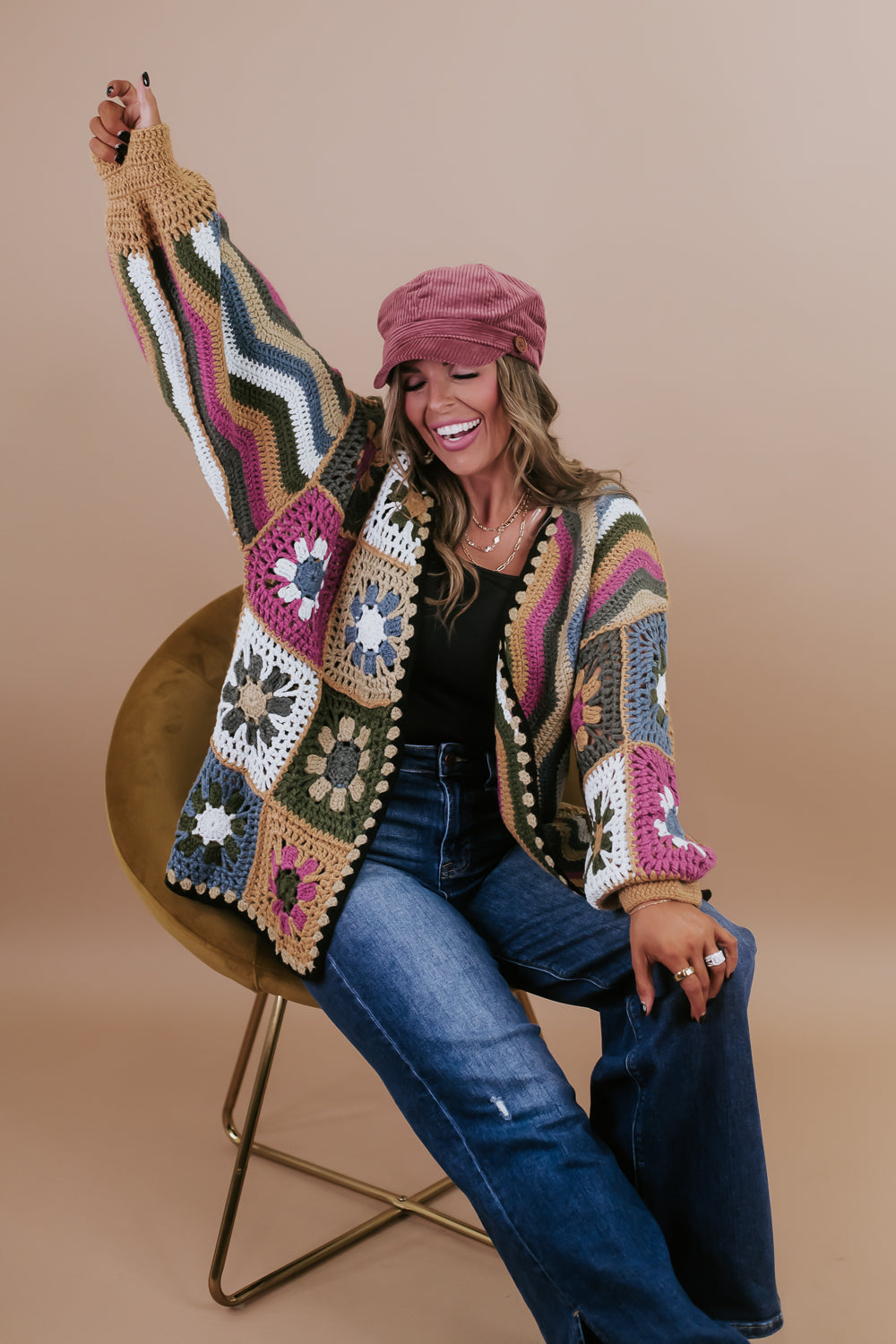 POL: Hand Knit Square Patches Cardigan, Mustard & Olive – Everyday Chic ...