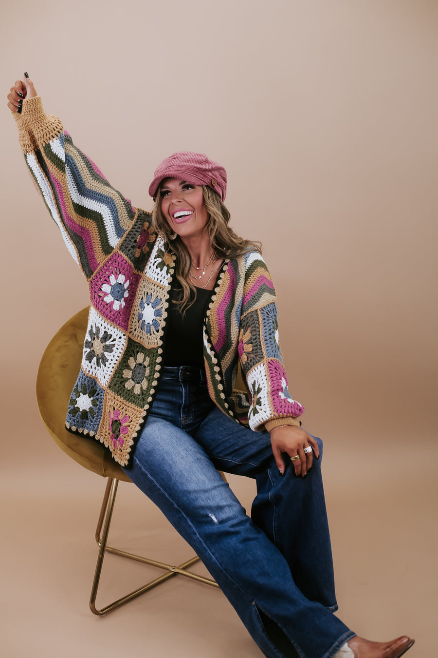 POL: Hand Knit Square Patches Cardigan, Mustard & Olive – Everyday Chic ...