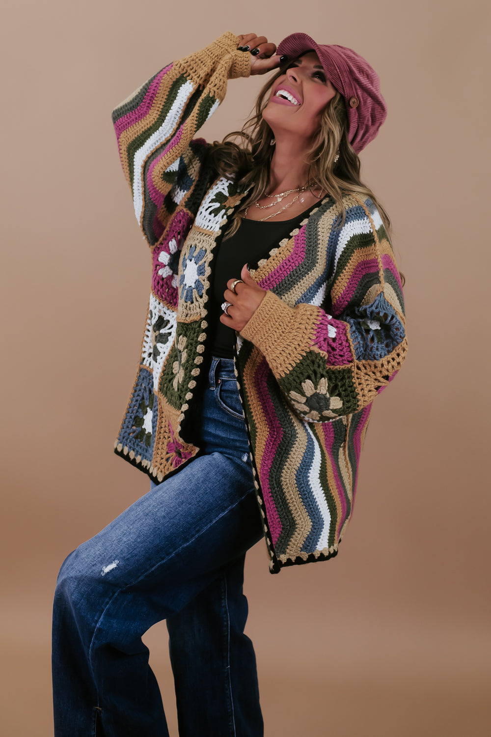 POL: Hand Knit Square Patches Cardigan, Mustard & Olive – Everyday Chic ...