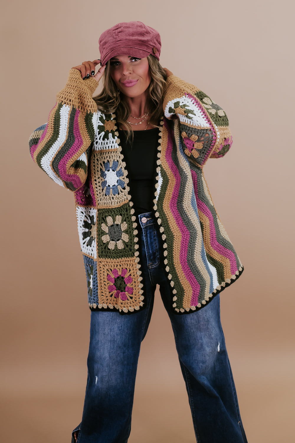 POL: Hand Knit Square Patches Cardigan, Mustard & Olive – Everyday Chic ...