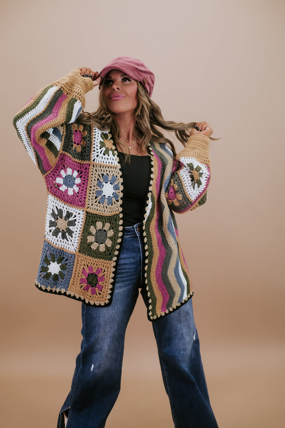 POL: Hand Knit Square Patches Cardigan, Mustard & Olive – Everyday Chic ...