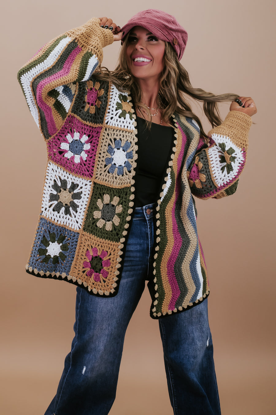 POL: Hand Knit Square Patches Cardigan, Mustard & Olive – Everyday Chic ...