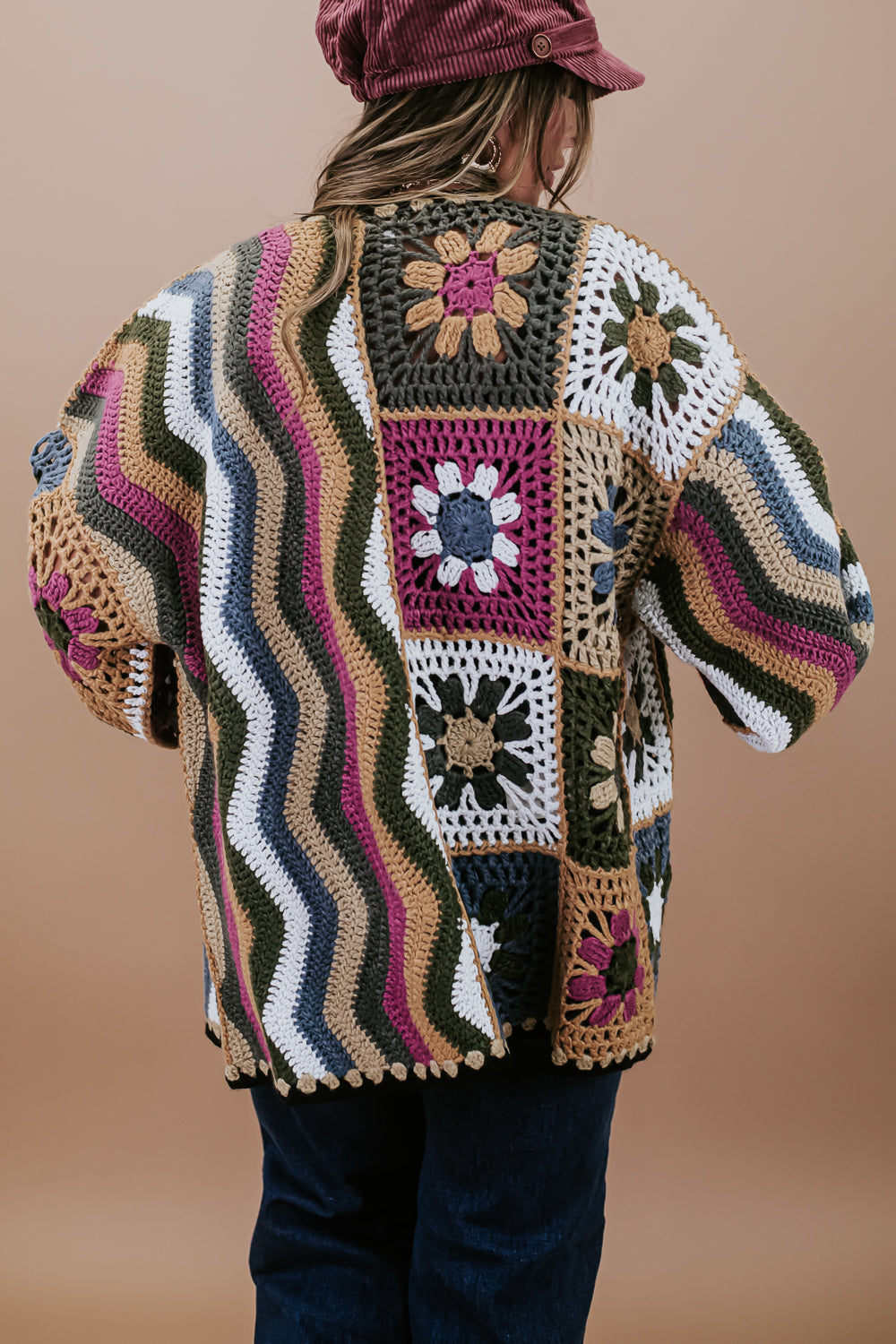 POL: Hand Knit Square Patches Cardigan, Mustard & Olive – Everyday Chic ...